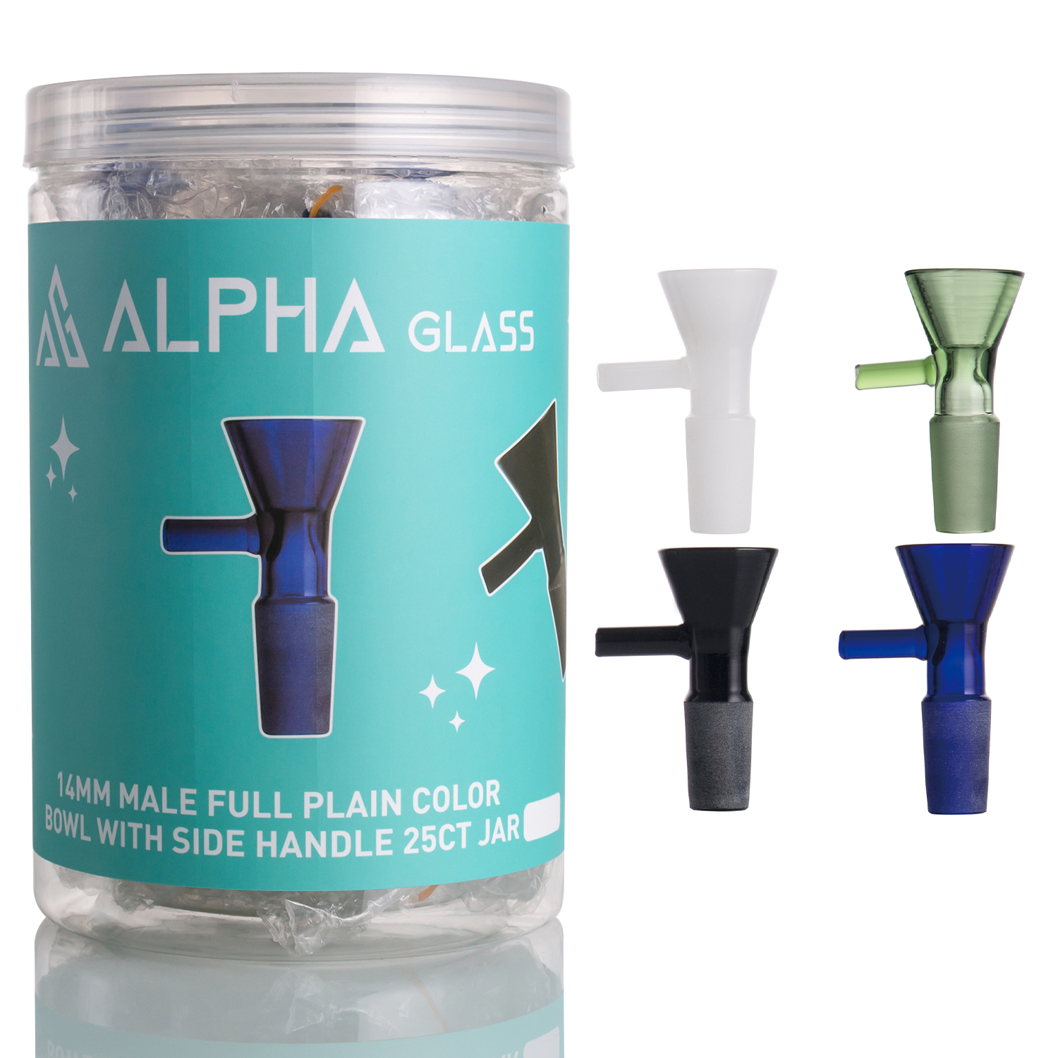 ALPHA 14MM MALE FULL PLAIN COLOR BOWL WITH SIDE HANDLE 25CT JAR - Empire Smoke Distributors