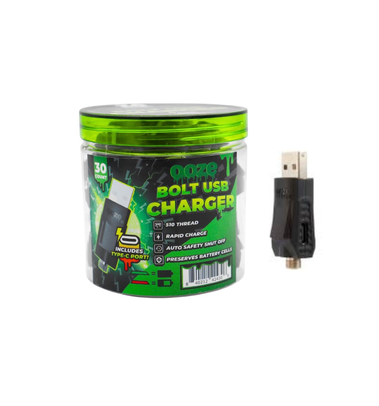 OOZE BOLT USB CHARGER WITH TYPE-C PORT 30CT JAR - Empire Smoke Distributors