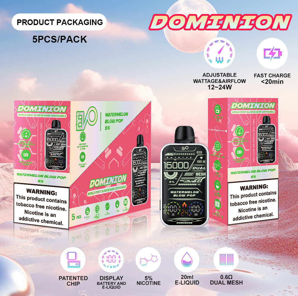 EVO DOMINION DISPOSABLE 16000PF WATERMELON BLOW POP 5% -BOX OF 5 (GLOW ...