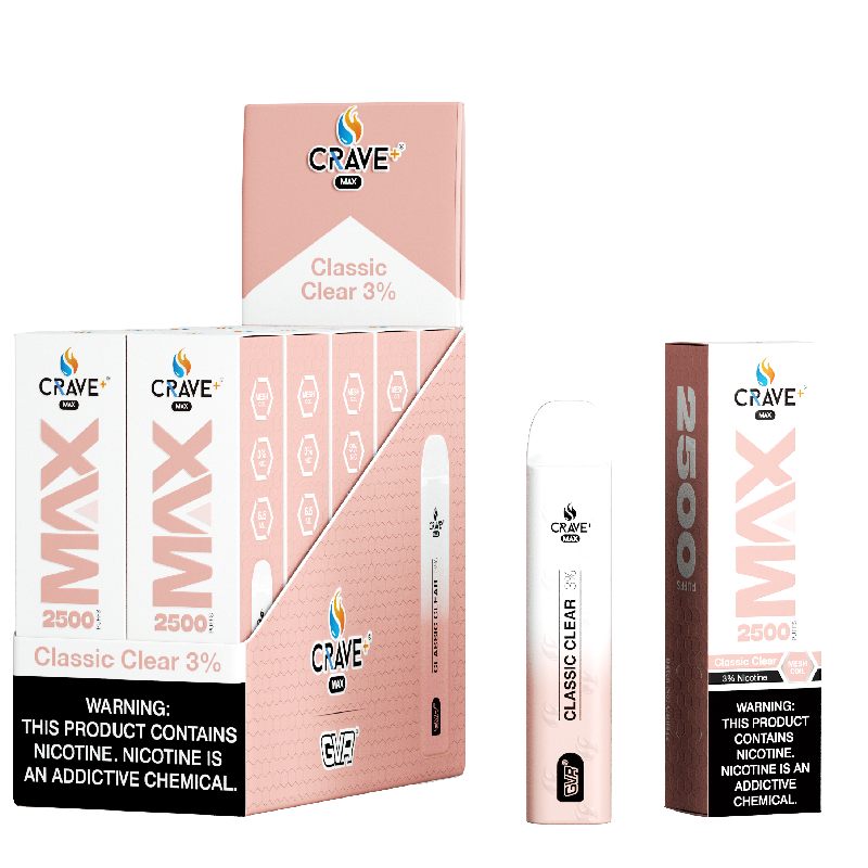 CRAVE PLUS MAX DISPOSABLE 2500PF CLASSIC CLEAR 3% NIC -BOX OF 10 ...