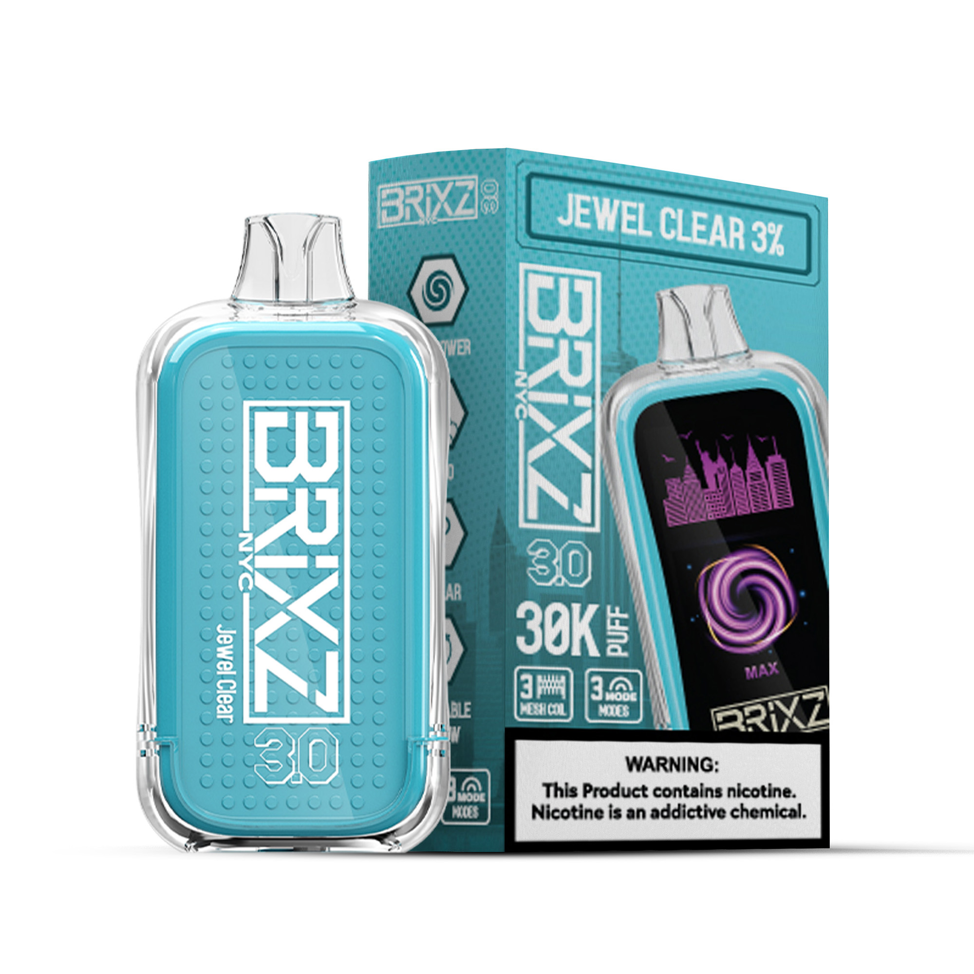 BRIXZ NYC 3.0 DISPOSABLE 30000PF JEWEL CLEAR (UNFLAVORED) 3% -BOX OF 5 – Empire Smoke Distributors