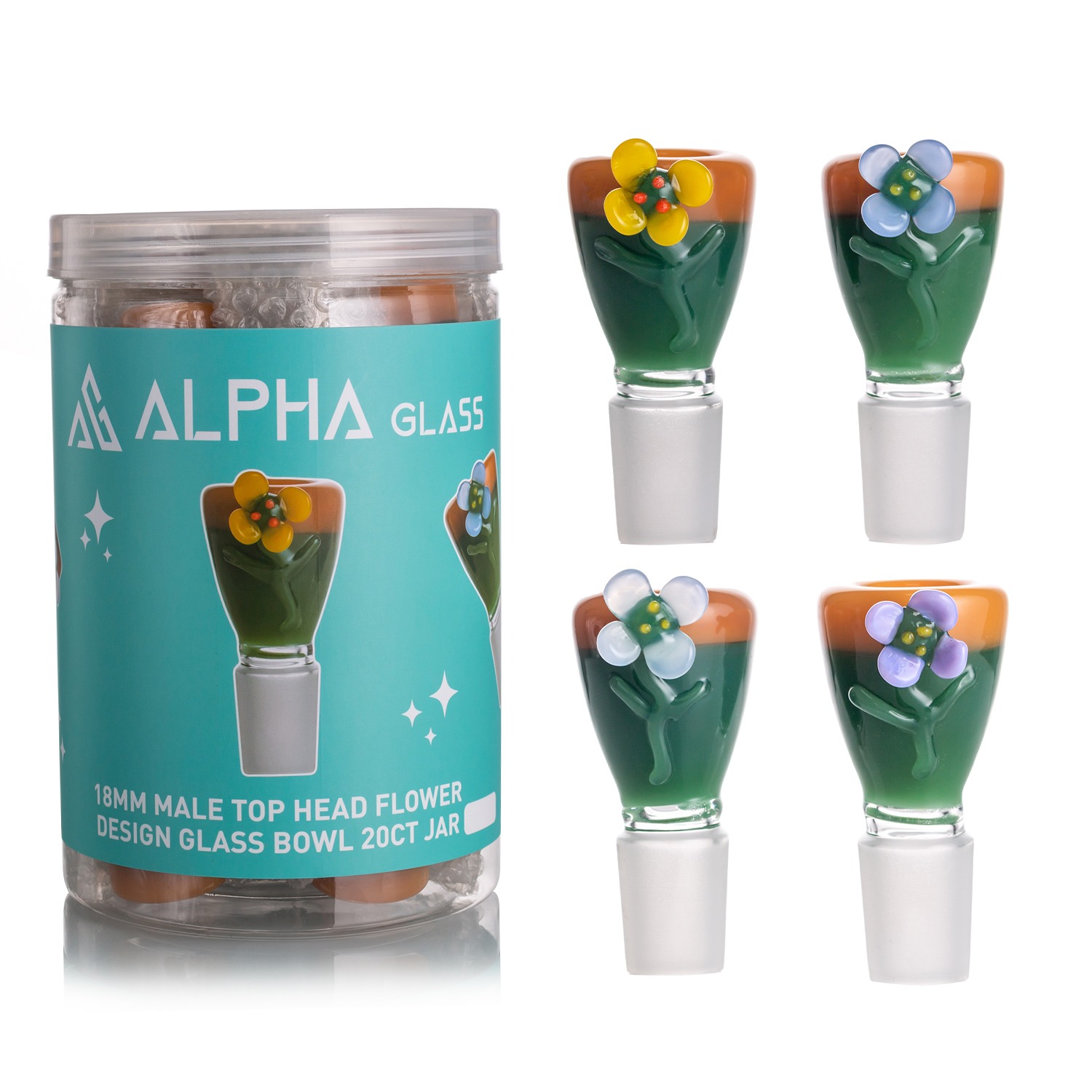 ALPHA GLASS 18MM MALE TOP HEAD FLOWER DESIGN GLASS BOWL 20CT JAR (GB82 ...